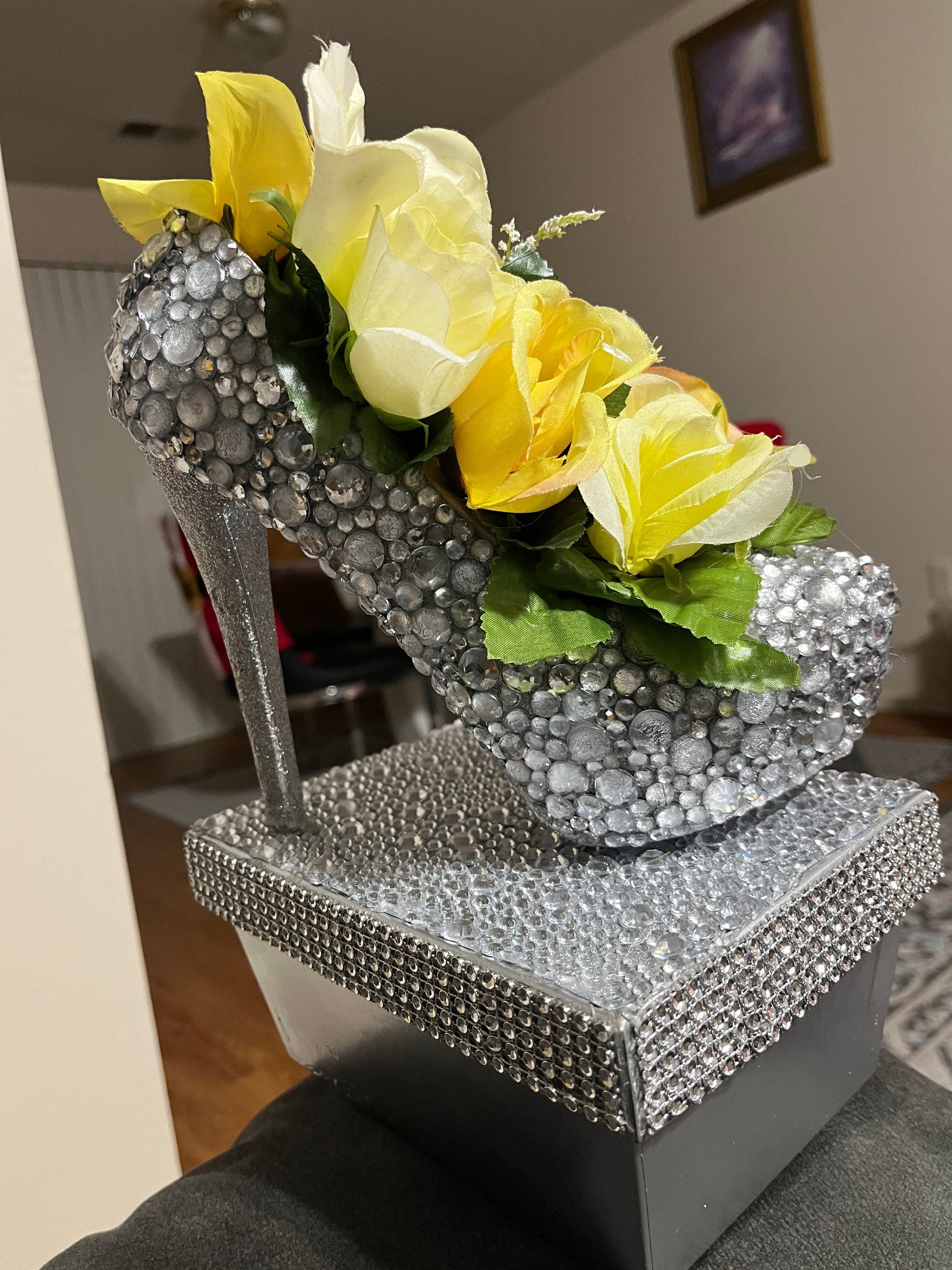 Silver Blinged High Heel Shoe (stiletto) Artificial Floral Arrangement ...