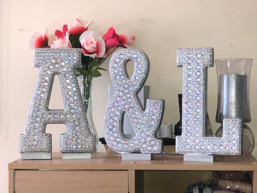 Custom Letters blinged Silver W Clear Iridescent Gems With Stands - Etsy