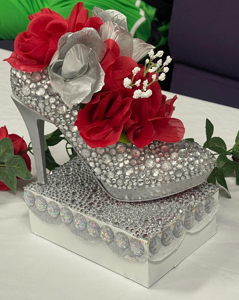 Silver Blinged High Heel Shoe (stiletto) Artificial Floral Arrangement ...