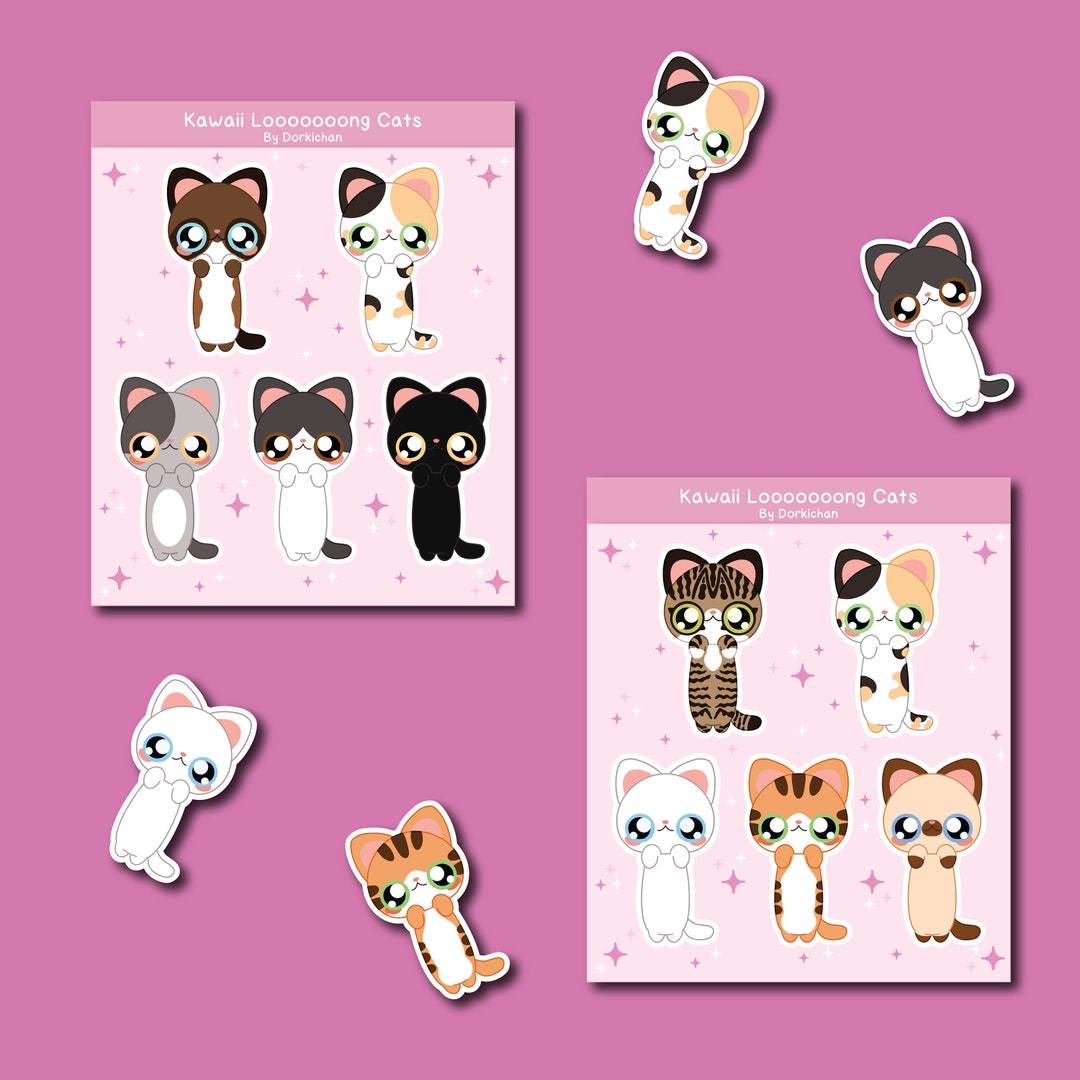 Kawaii Loooooong Cat Stickers Cat Stickers Cute Animals Stickersheet ...