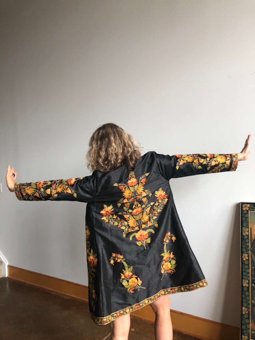 Vintage Black Silk Duster Coat With Dense Floral and Fern Chainstitch ...