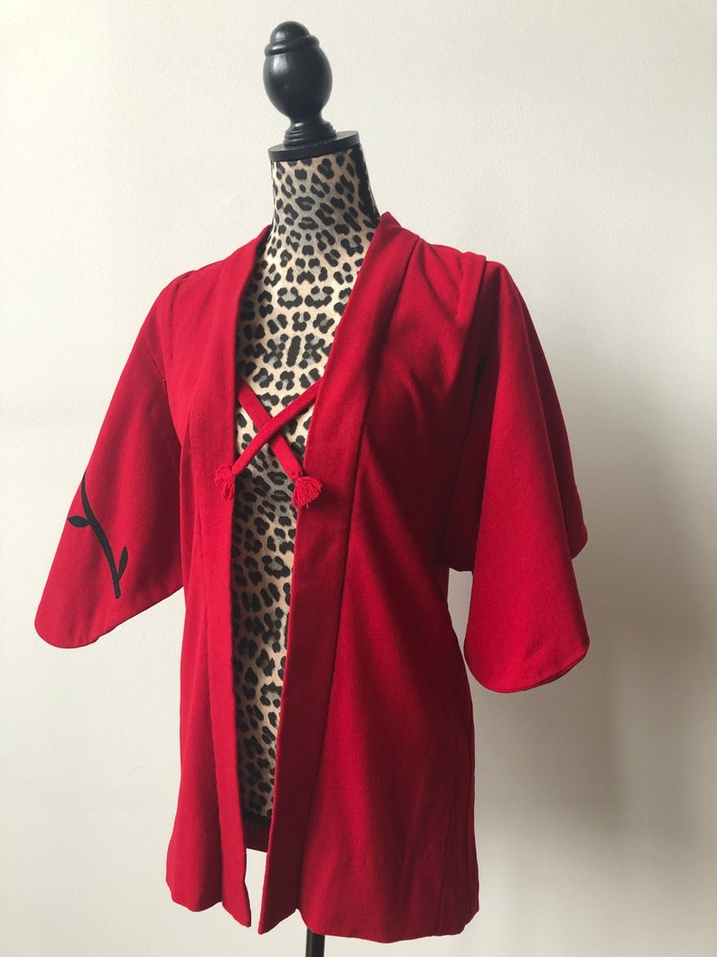 Vintage Japanese Red Wool Haori Jacket W Felt Appliqué Flowers Size XS ...