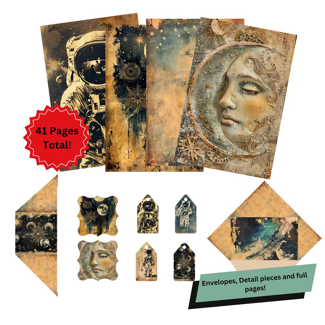 Vintage Celestial Ephemera Pack, Junk Journal Pages, Antique Grunge Sun ...