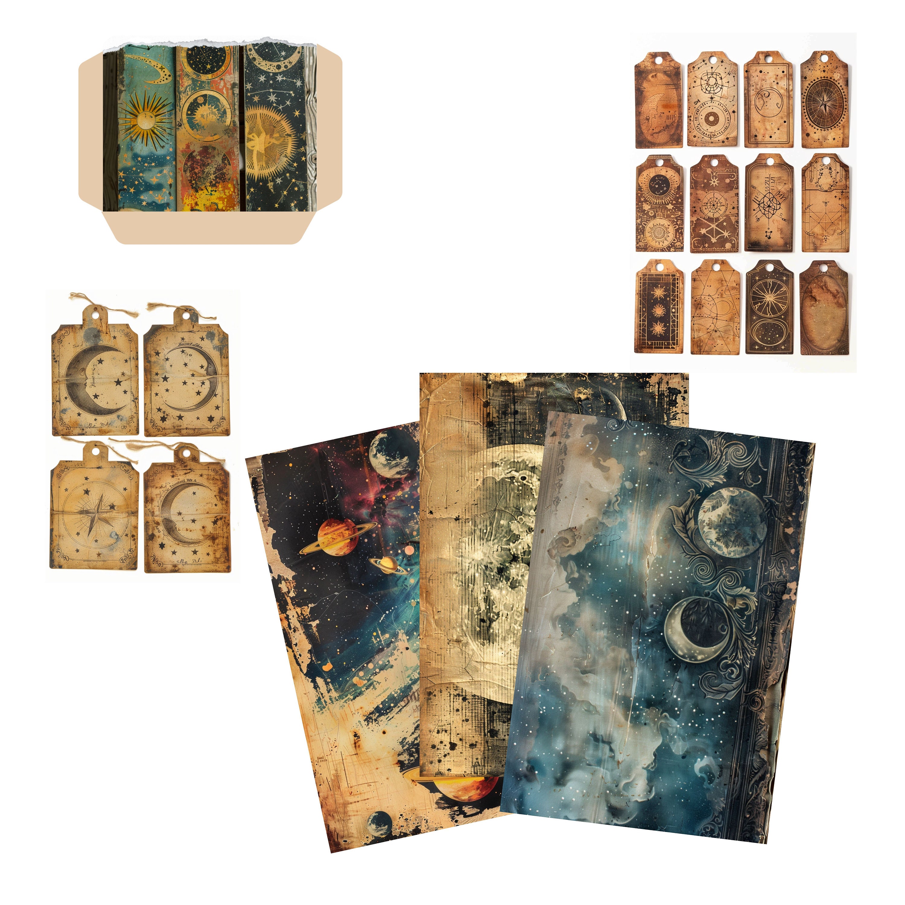 Vintage Celestial Ephemera Pack, Junk Journal Pages, Antique Grunge Sun ...