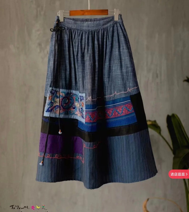 Skirt，patchwork Skirt，indigo Fabric ，hand Embroidery，quality Linen ...