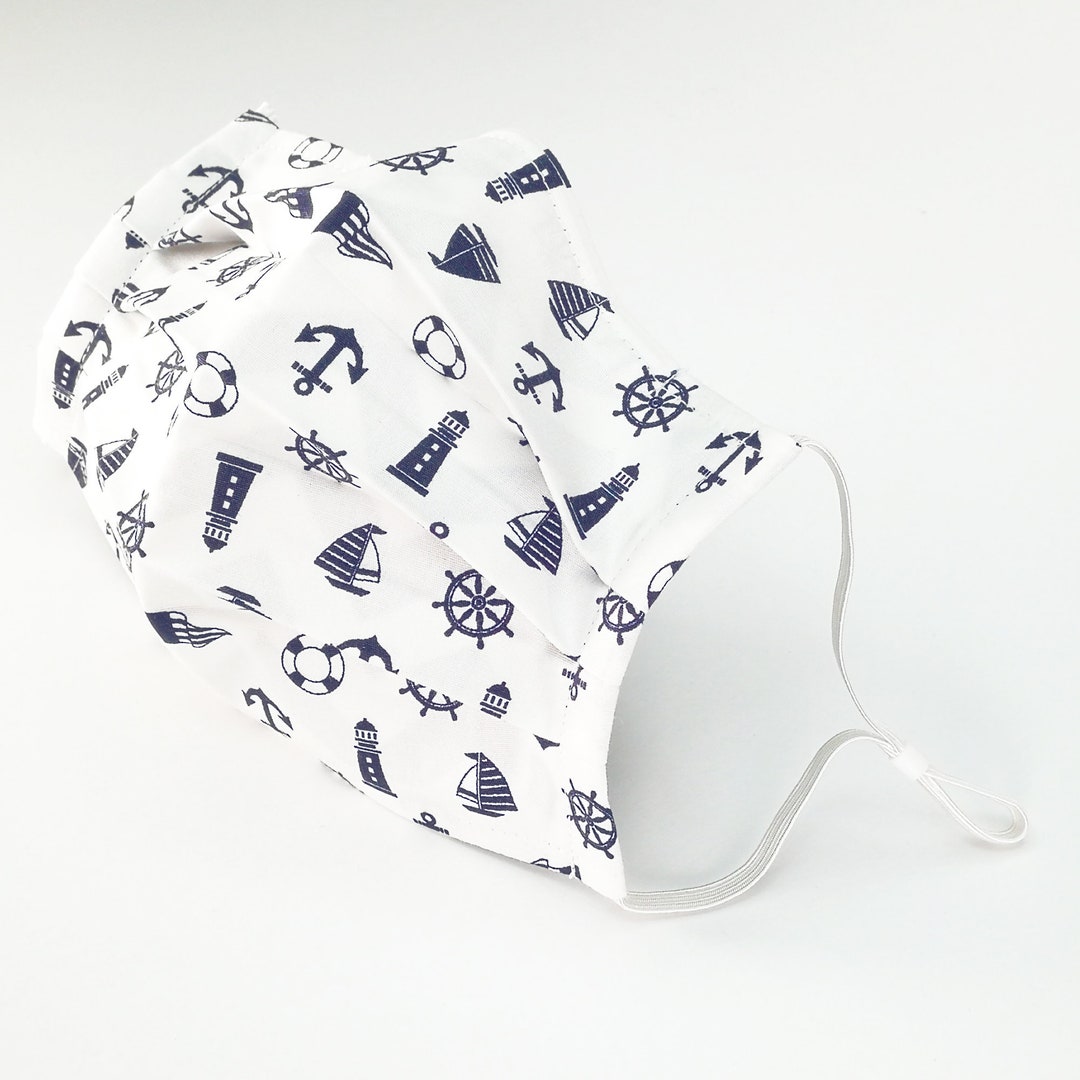 100% COTTON NAUTICAL ANCHOR Face Mask With Nose Wire Navy Blue Boat ...