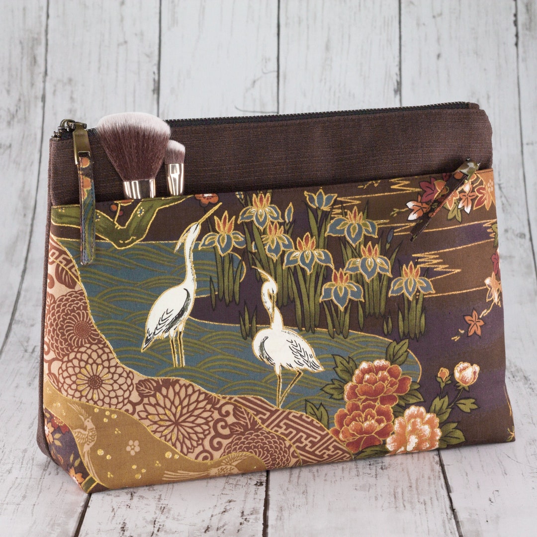 Floral Crane Bird Makeup Bag, Japanese Bird Cosmetic Bag, Kimono Makeup ...