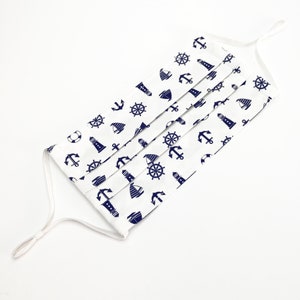 100% COTTON NAUTICAL ANCHOR Face Mask With Nose Wire Navy Blue Boat ...