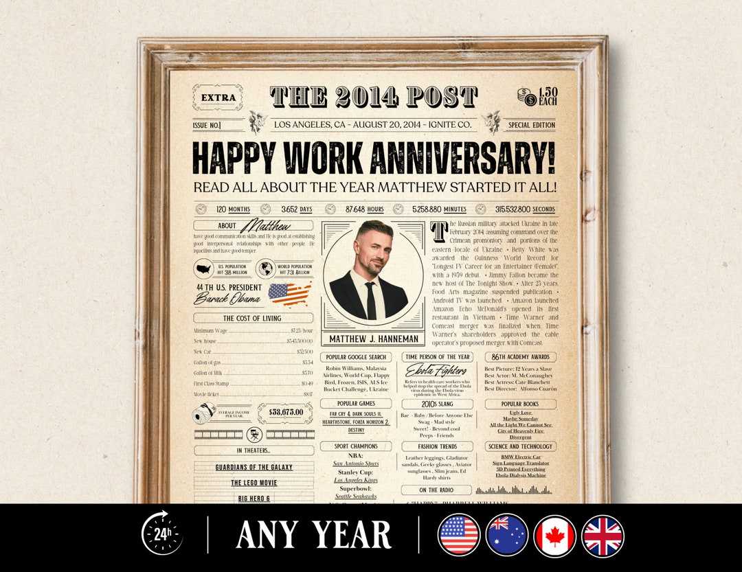 Happy Work Anniversary, Work Anniversary Gift, Personalized Newspaper ...