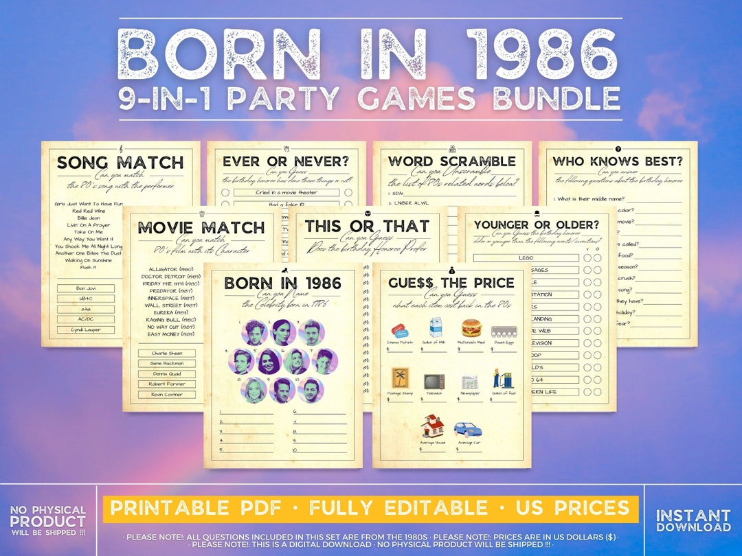 Born in 1986 Games Bundle, Birthday Games, 36th Birthday Party Games ...