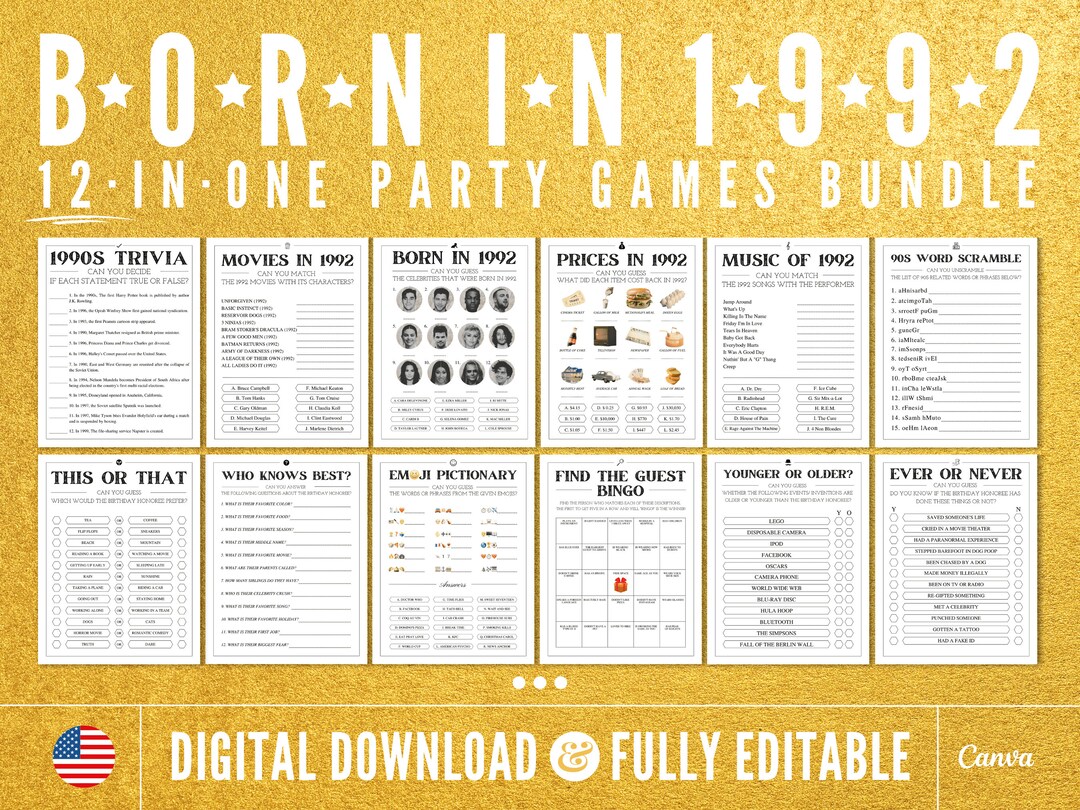 Born in 1992, Game Bundle, Birthday Games, 31st Birthday Party Games ...