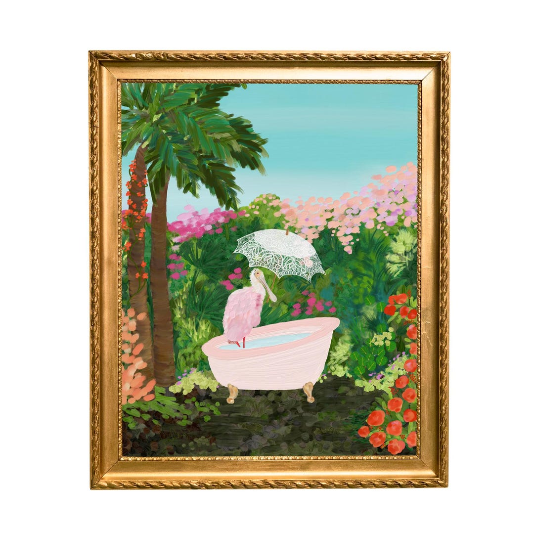 Whimsical Bird Bath Art Print, Pink Spoonbill in Tub, Tropical Garden ...