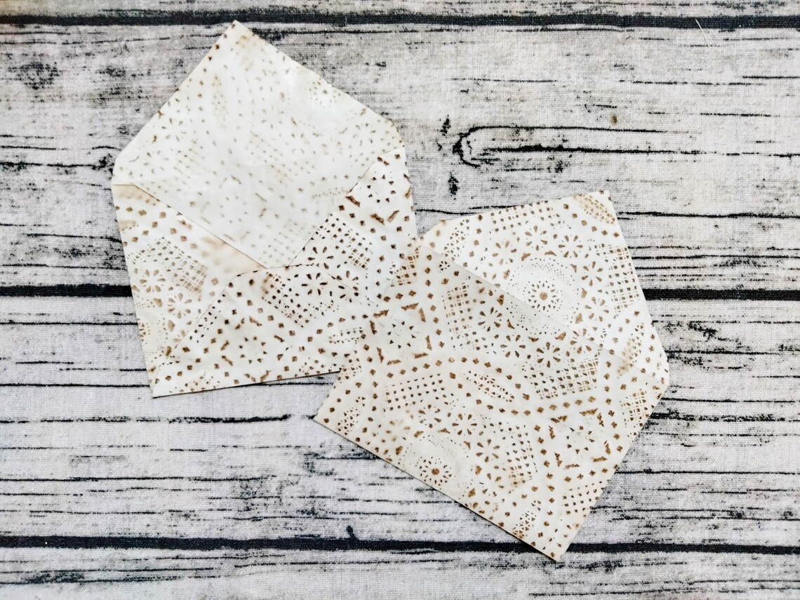 5 GEOMETRIC LACE Lace Envelopes, Handmade, Coffee Stained, Dyed Paper ...