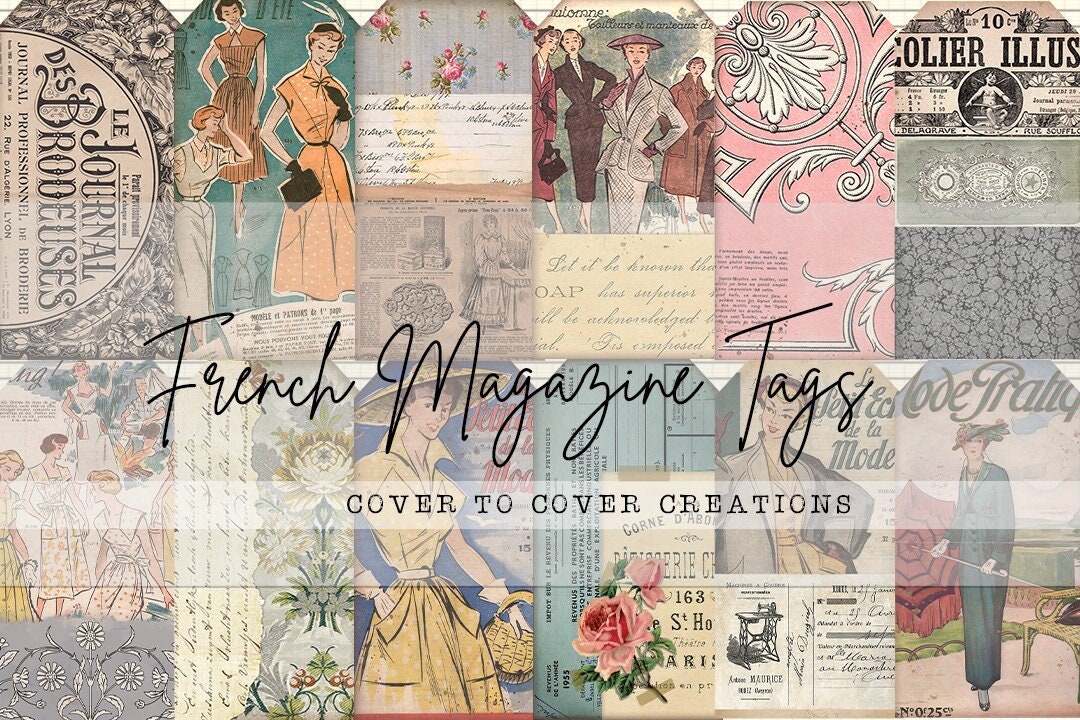 French Magazine Collage Tags | Set of 12 | Junk Journal | Vintage ...