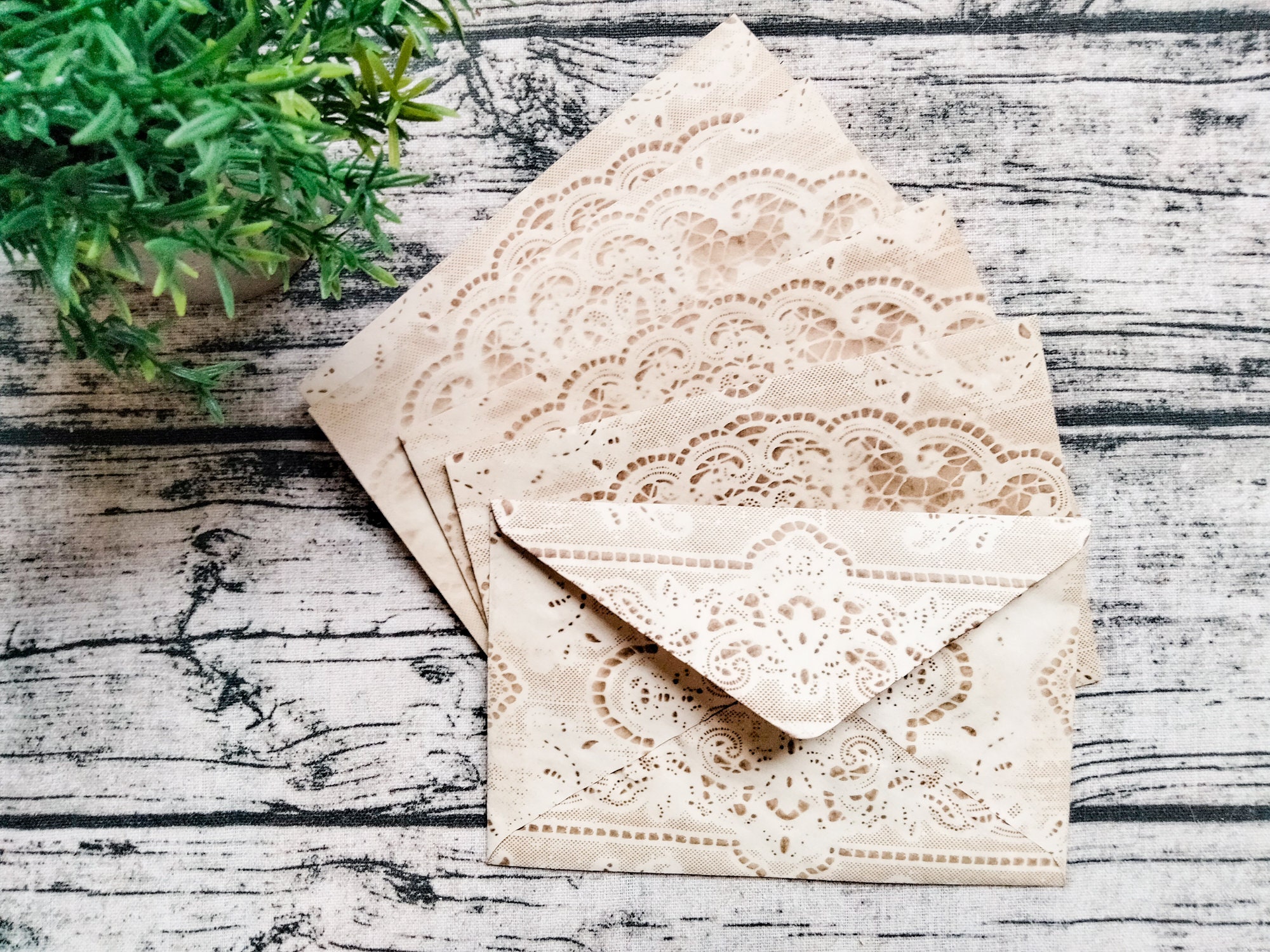 5 CENTERPIECE LACE Grungy Lace Envelopes, Handmade, Coffee Stained ...