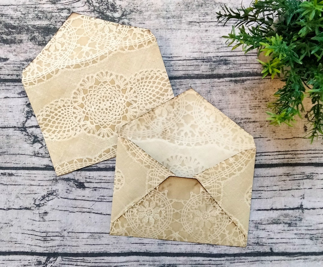 5 CATHEDRAL LACE Lace Envelopes, Handmade, Coffee Stained, Dyed Paper ...