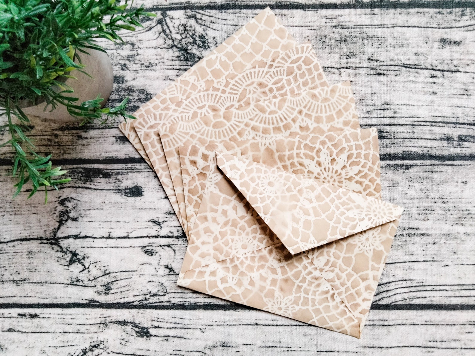 5 CROCHET LACE Lace Envelopes, Handmade, Coffee Stained, Dyed Paper ...