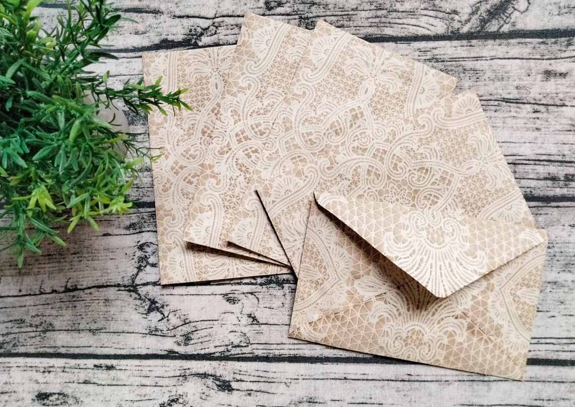 5 OPULENT LACE Lace Envelopes, Handmade, Coffee Stained, Dyed Paper ...