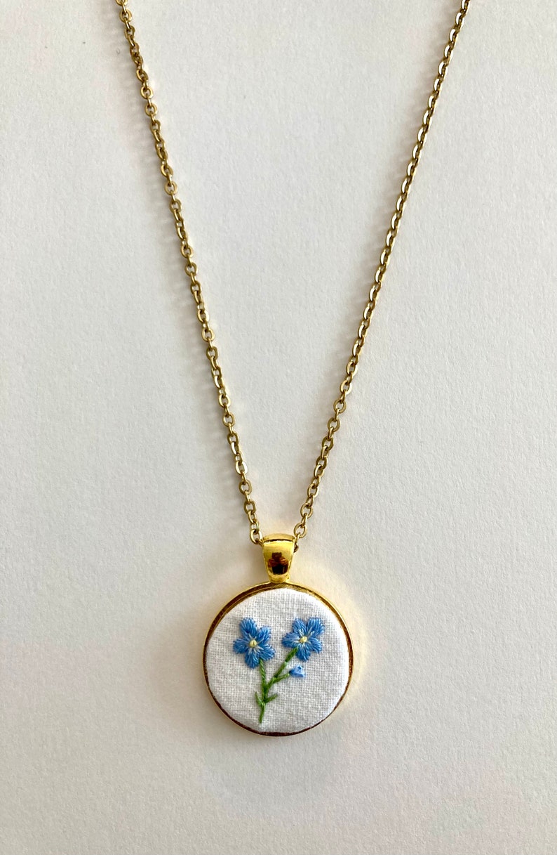 Blue Forget Me Not Flower Necklace Hand Embroidered Floral - Etsy