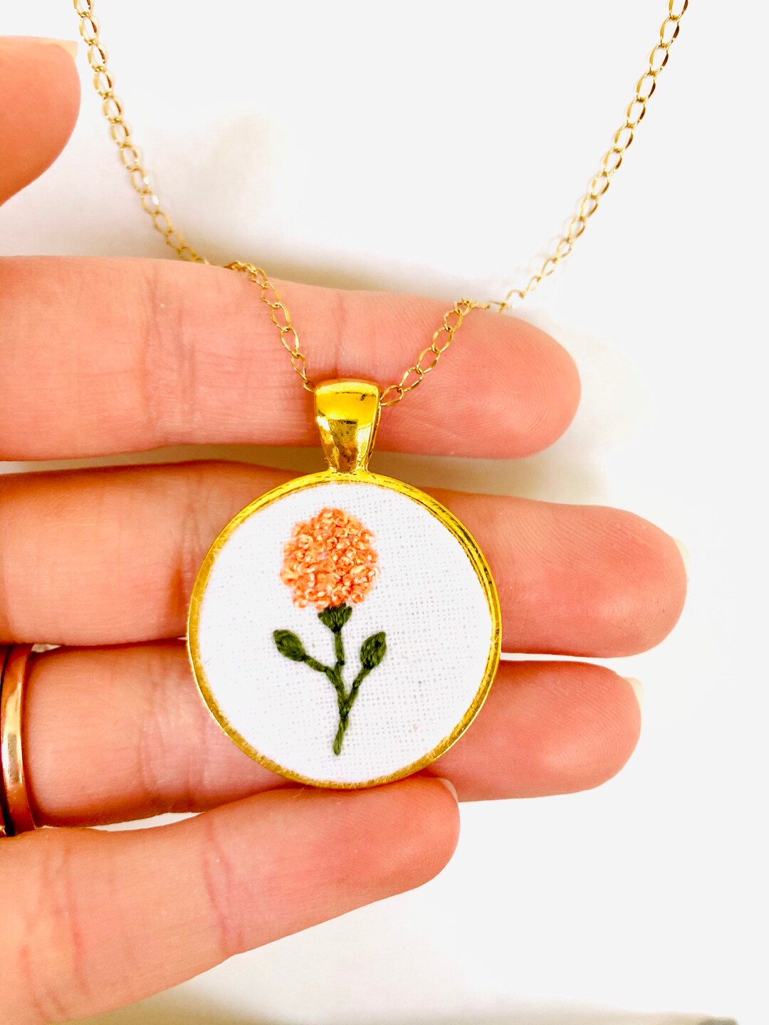 Hand Embroidered Marigold Necklace: October Birth Flower Pendant - Etsy