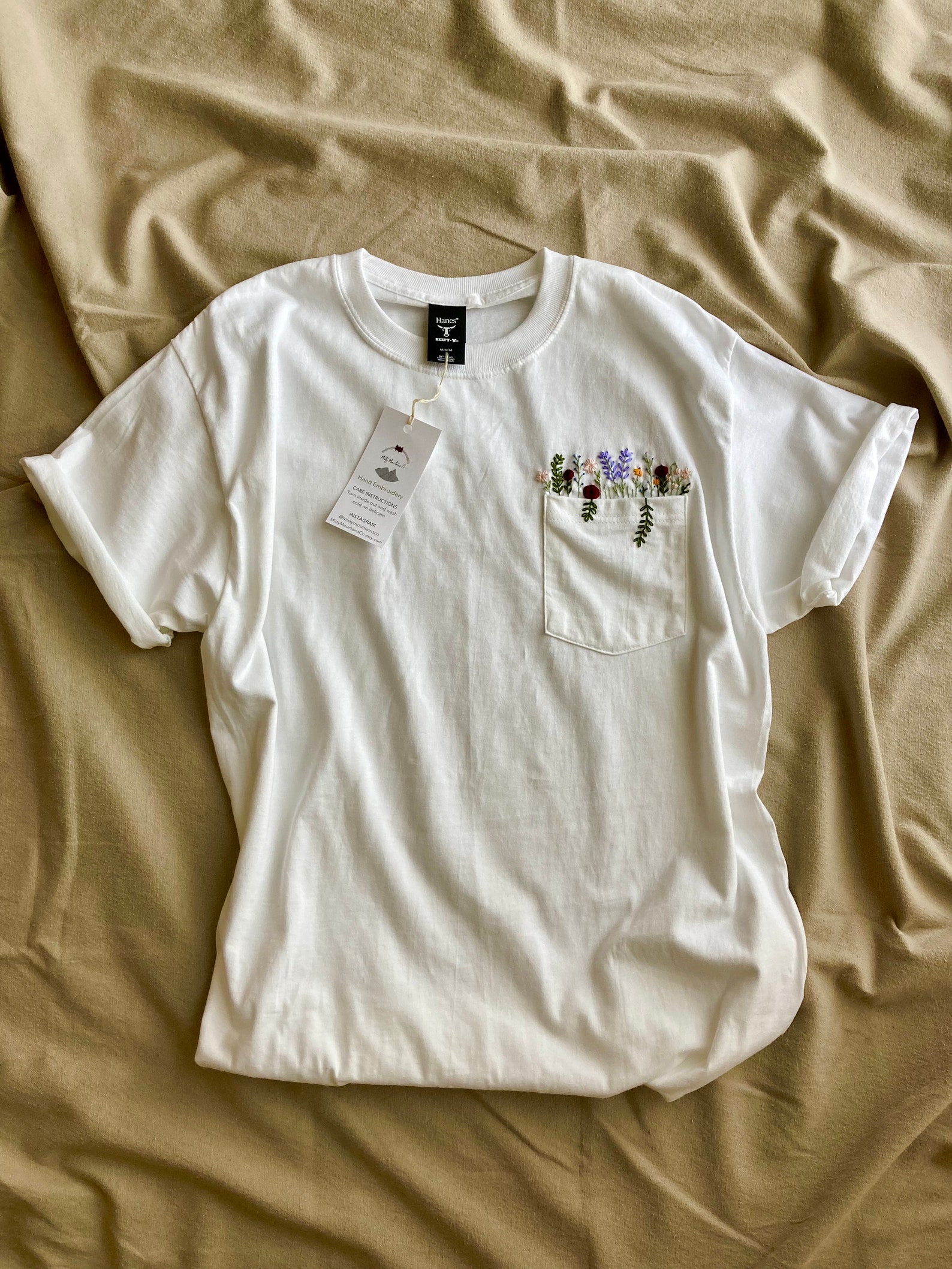 Hand Embroidered Floral White Pocket T-shirt, Wildflower Embroidered ... Hand Embroidered Floral White Pocket T-shirt, Wildflower Embroidered ...
