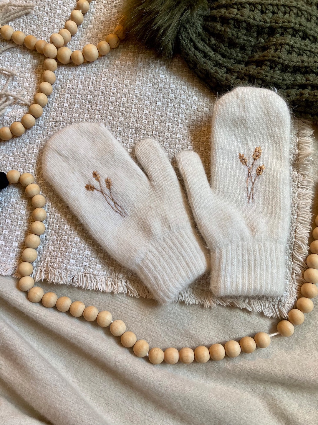 Hand Embroidered Fleece Lined Wool Knit Mittens - Etsy