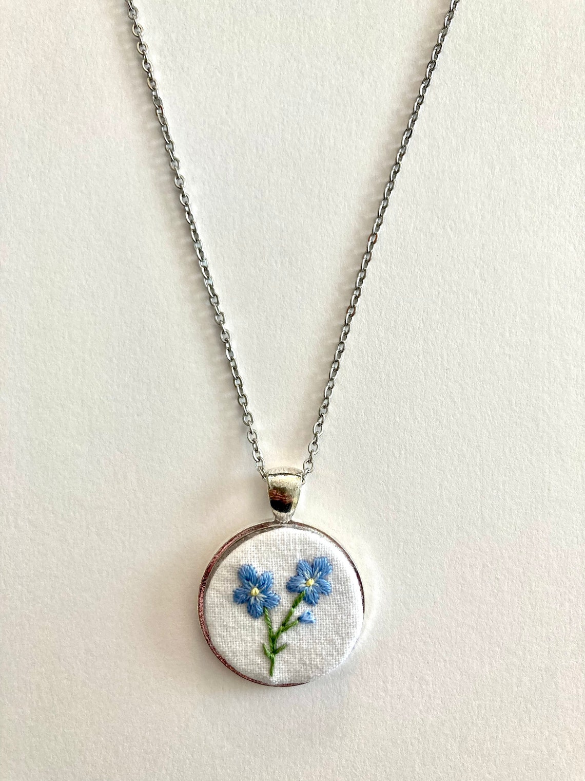 Blue Forget Me Not Flower Necklace Hand Embroidered Floral - Etsy
