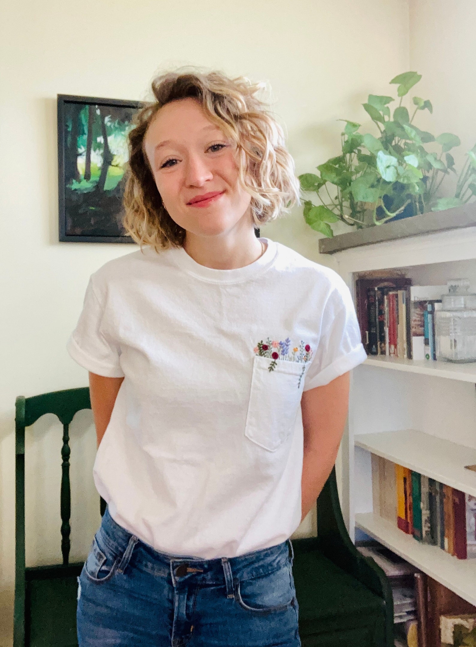 Hand Embroidered Floral White Pocket T-shirt, Wildflower Embroidered ... Hand Embroidered Floral White Pocket T-shirt, Wildflower Embroidered ...