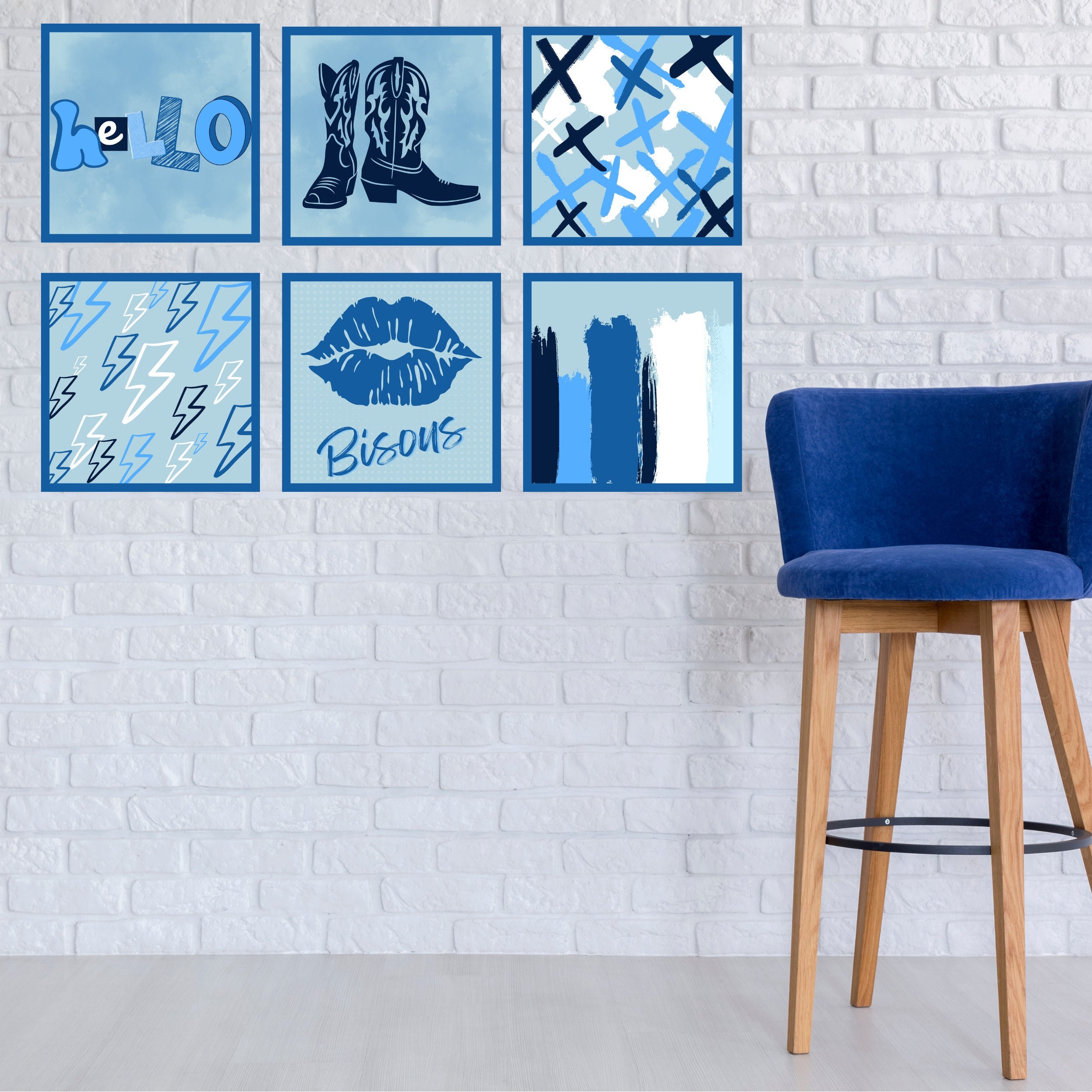 Printable Collage Wall Art Set of 6 College Dorm Blue and White Square ...