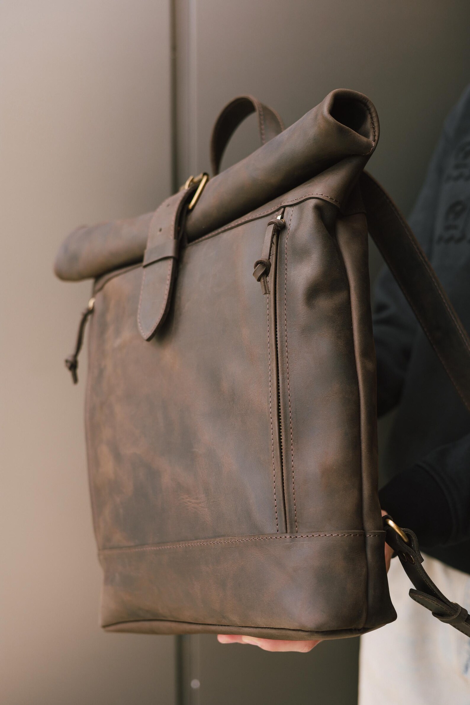 Leather Backpack for Man Personalized Bag Roll Top Backpack Flight ...