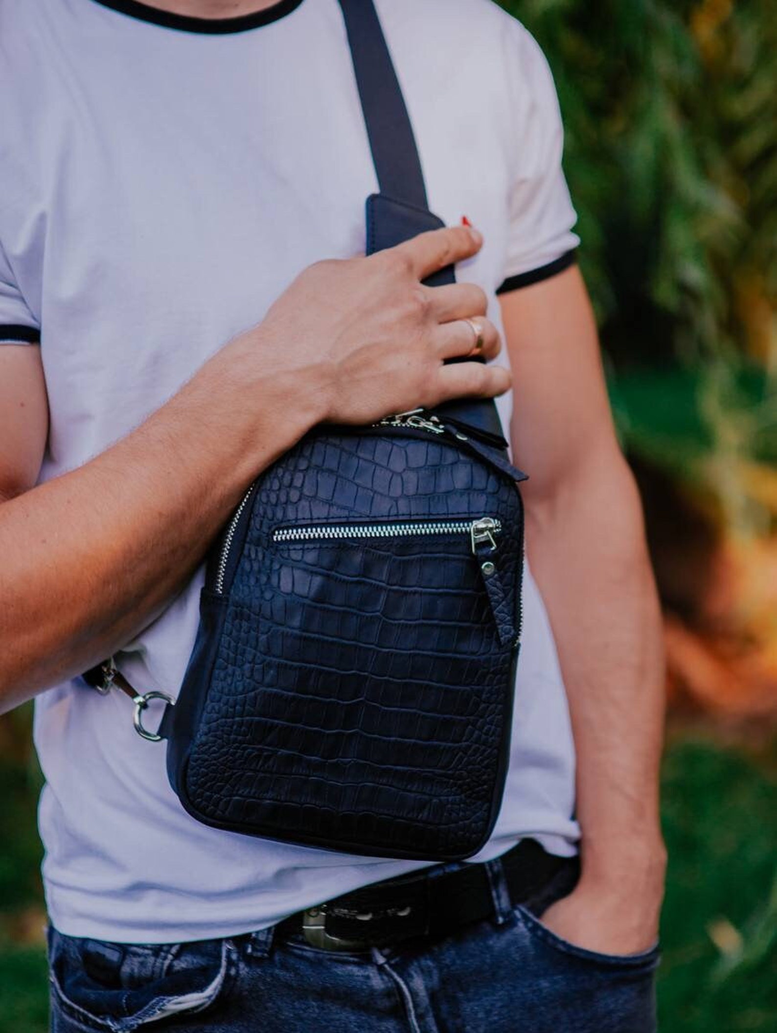 Men's Reptile Chest Bag Father or Husband Christmas Gift Leather Travel ...