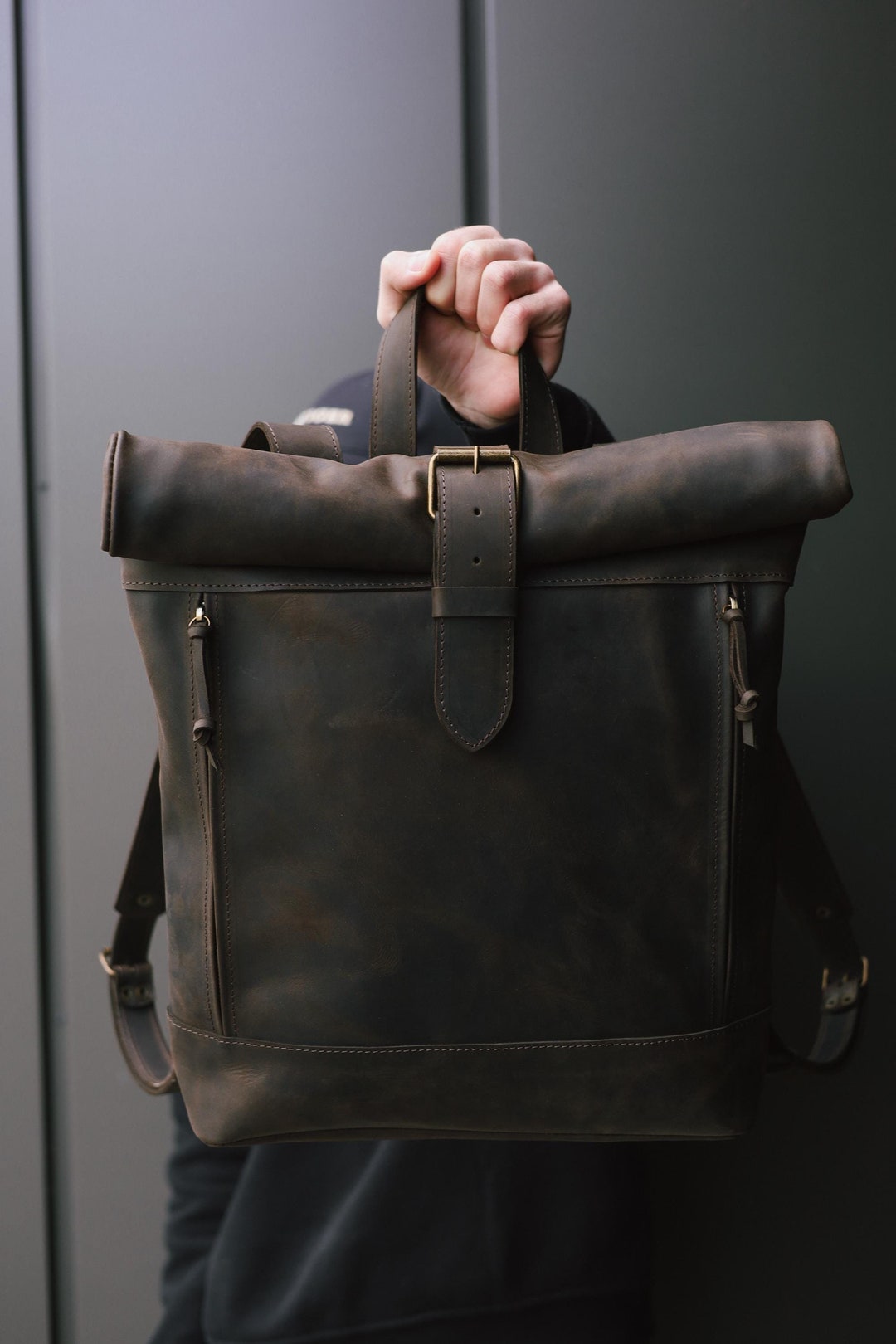 Leather Backpack for Man Personalized Bag Roll Top Backpack Flight ...