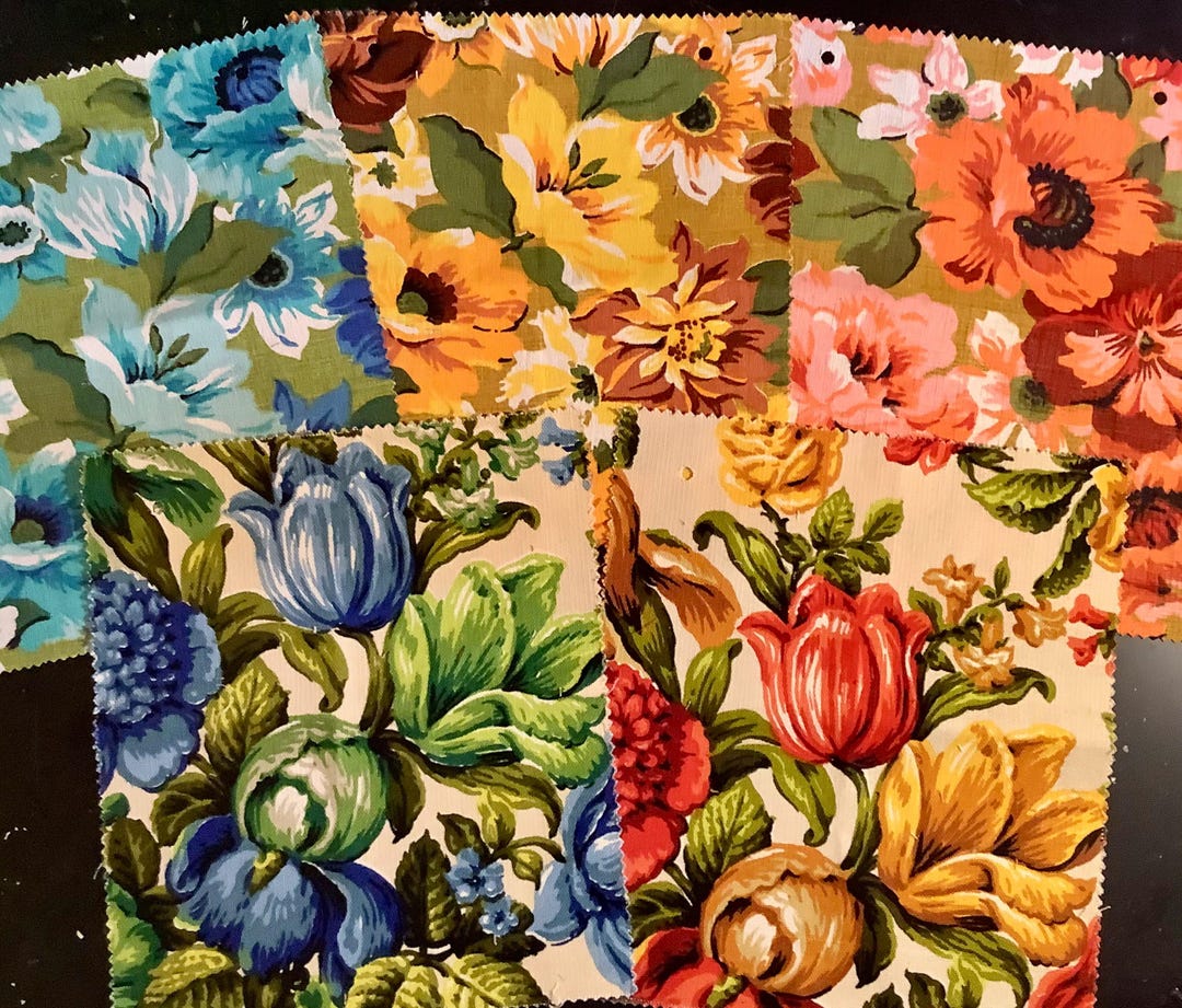 5 Barkcloth Era Vintage Fabric Samples. Floral Barkcloth Fabrics ...