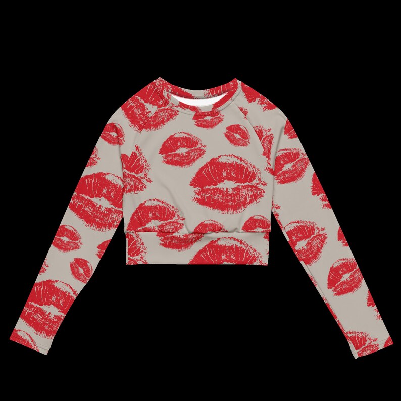 Y2k Crop Top Long Sleeve Crop Tee Lipstick Kisses Shirt Red 90s Style