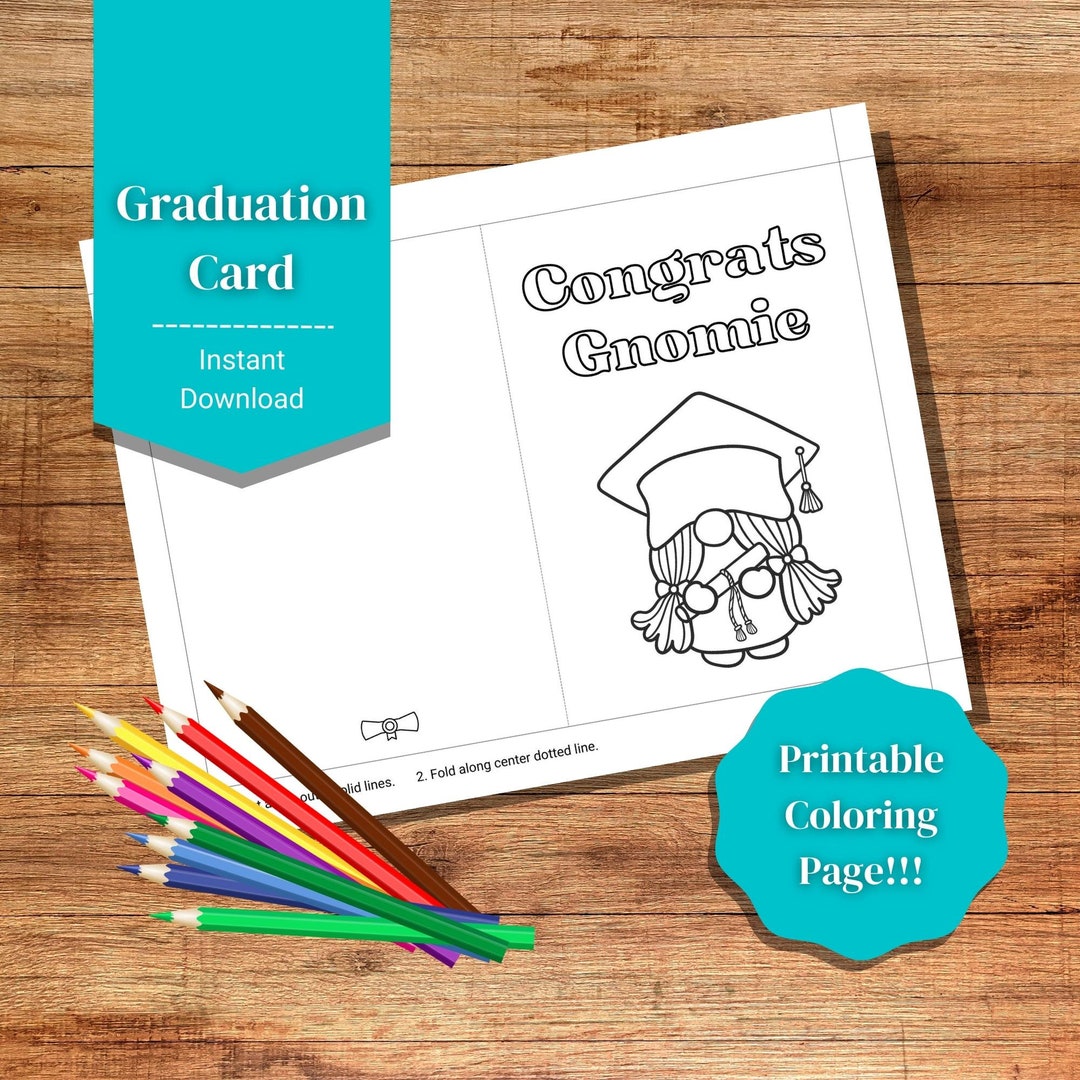 Graduation Card, Congratulations, Printable Coloring Page, Gnome Themed ...