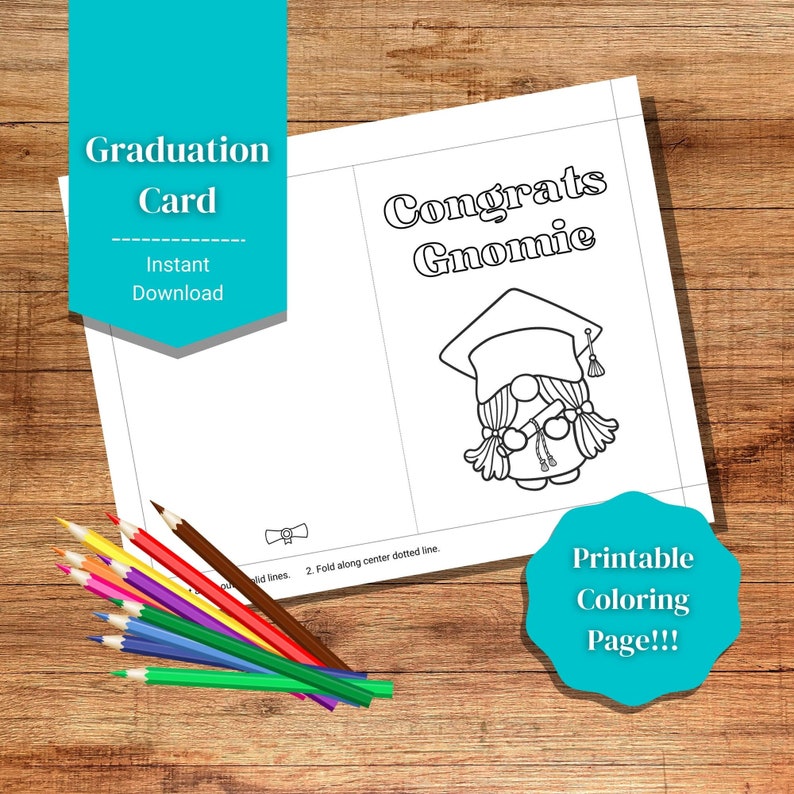 Graduation Card, Congratulations, Printable Coloring Page, Gnome Themed ...
