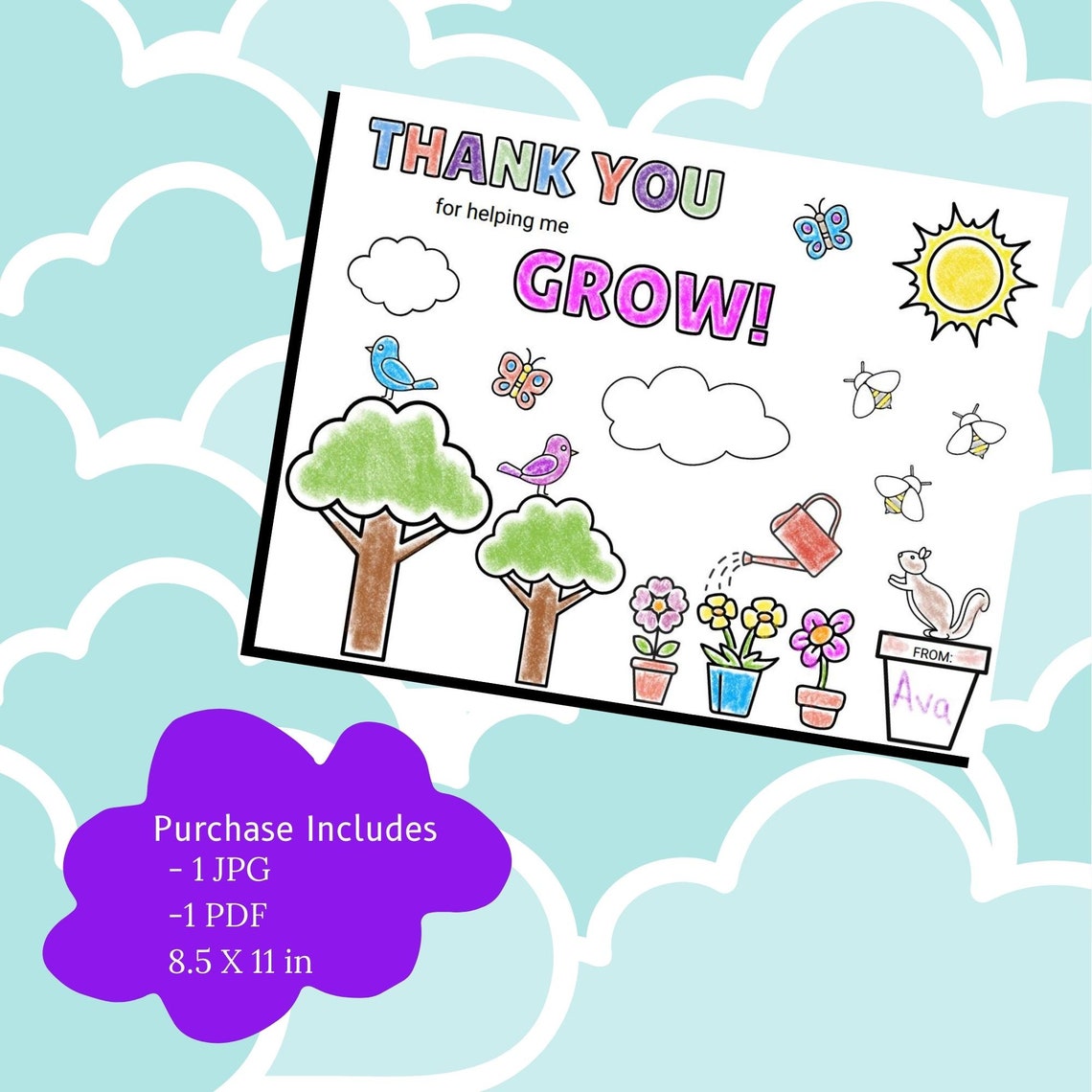 Thank You Coloring Page, Thank You for Helping Me Grow - Etsy