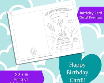 Printable Birthday Card 5"x7", Colouring Birthday Card, Printable Card ...