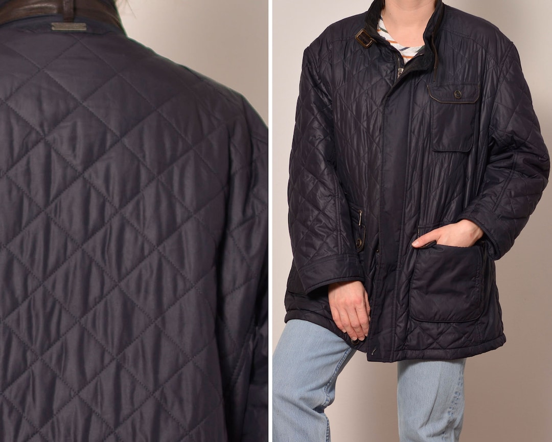 Size M Dark Blue Mens Quilted Bugatti Jacket Faux Leather Belt Spring ...