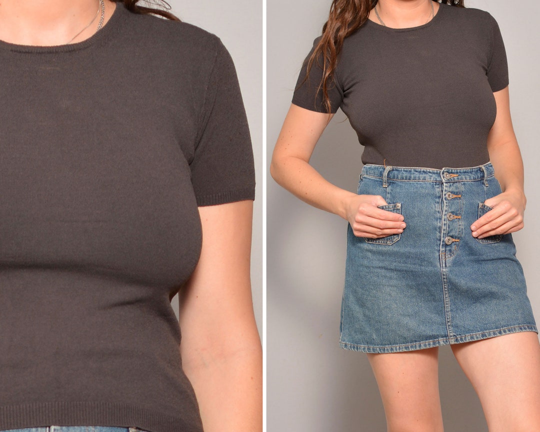 Size 6 Brown Grey Tight Knit Blouse Body Hugging Minimalist T Shirt ...