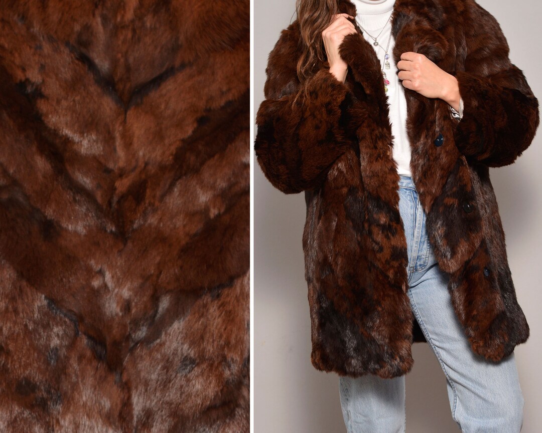 Size 6 Rabbit Fur Coat Furry 90s Fluffy Long Jacket Short 80s Collared ...