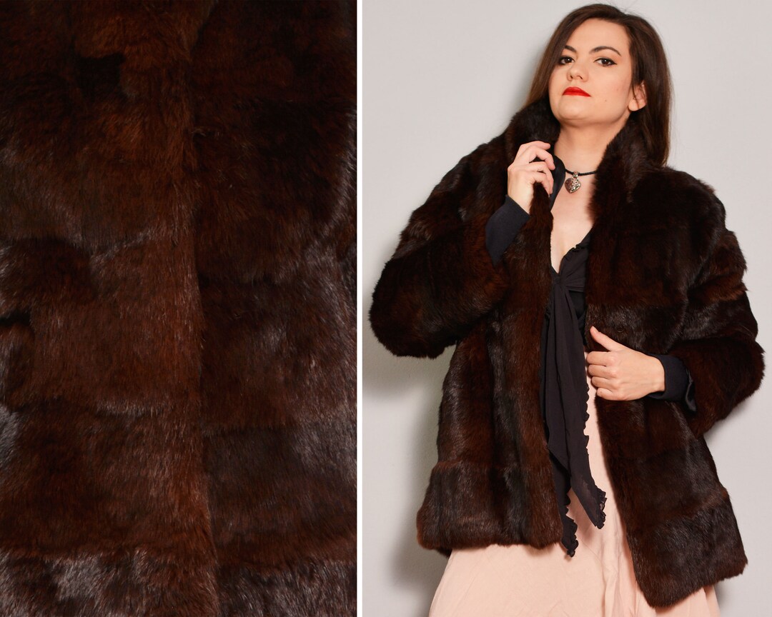 Size 8 10 Vintage Brown 70s Rabbit Fur Coat Short Stand up Collar Super ...