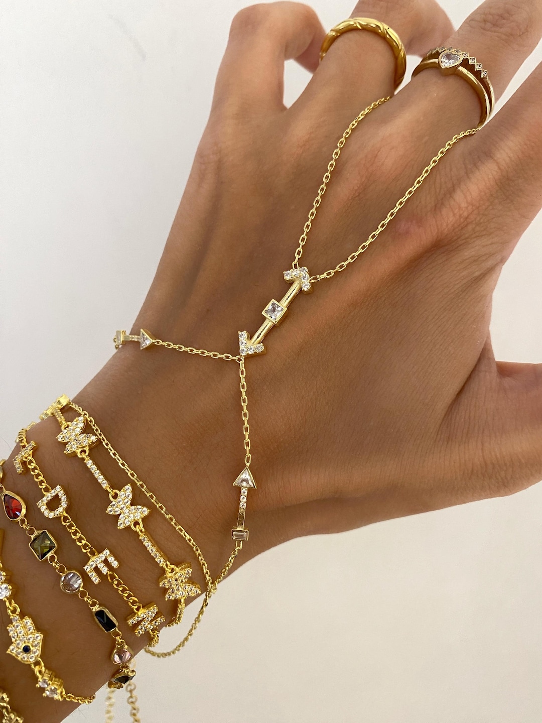 Gold Hand Chain, Bridal Hand Chain Bracelet, Silver Sahmaran, Finger ...