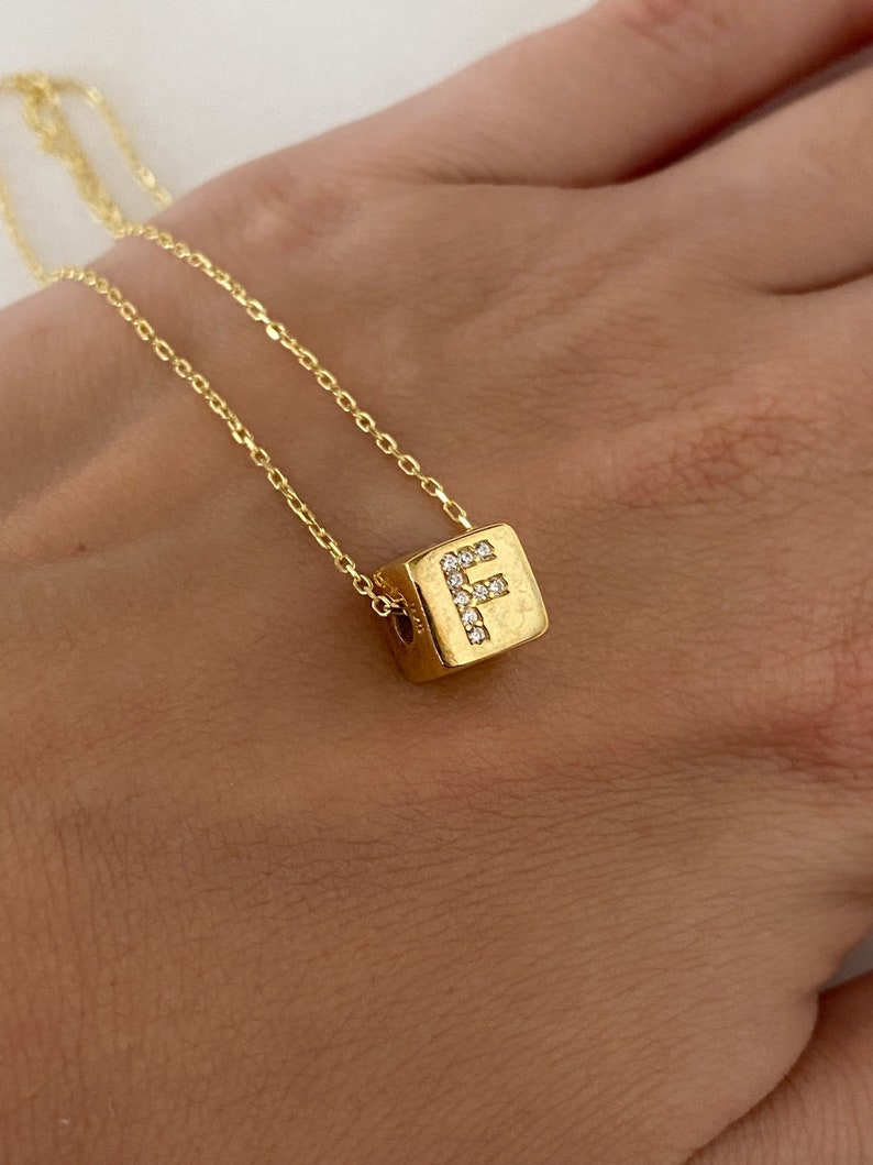 Cube Letter Necklace, 14k Gold Custom Dice Pendant, Initial Letter ...