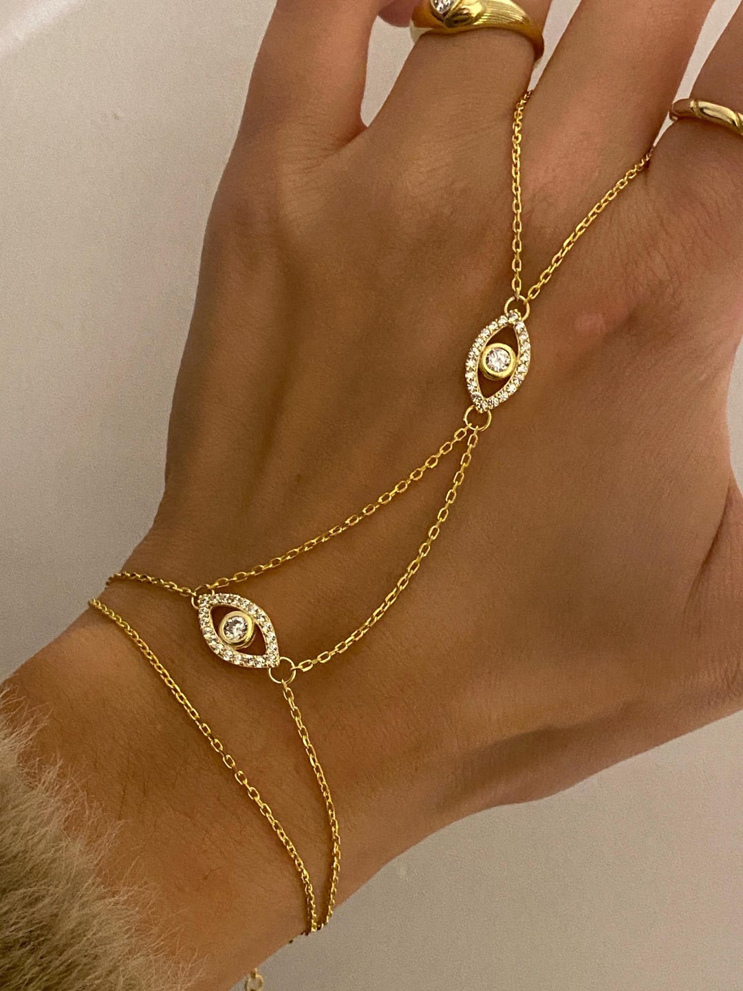 Gold Hand Chain, Bridal Hand Chain Bracelet, Silver Sahmaran, Finger ...