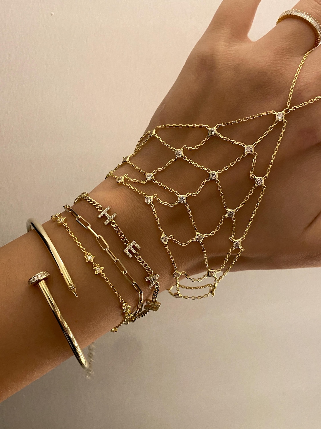 Gold Hand Chain, Bridal Hand Chain Bracelet, Silver Sahmaran, Finger ...