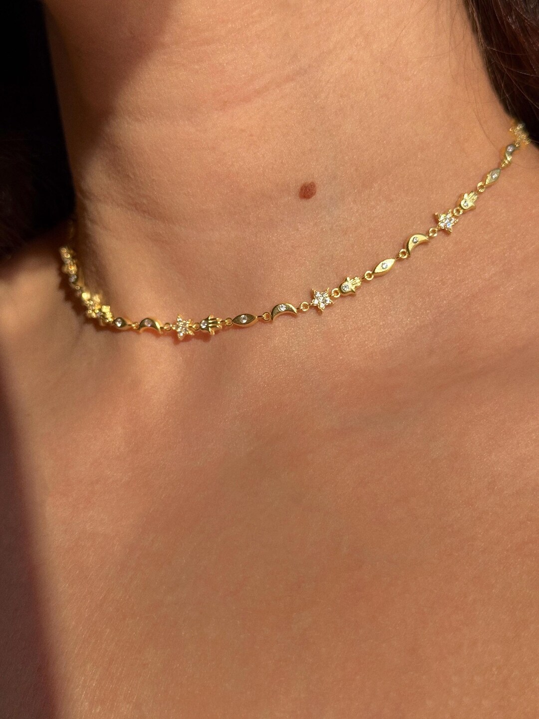 Minimalist Gold Charm Choker - Evil Eye, Hamsa, Moon, Star Necklace ...