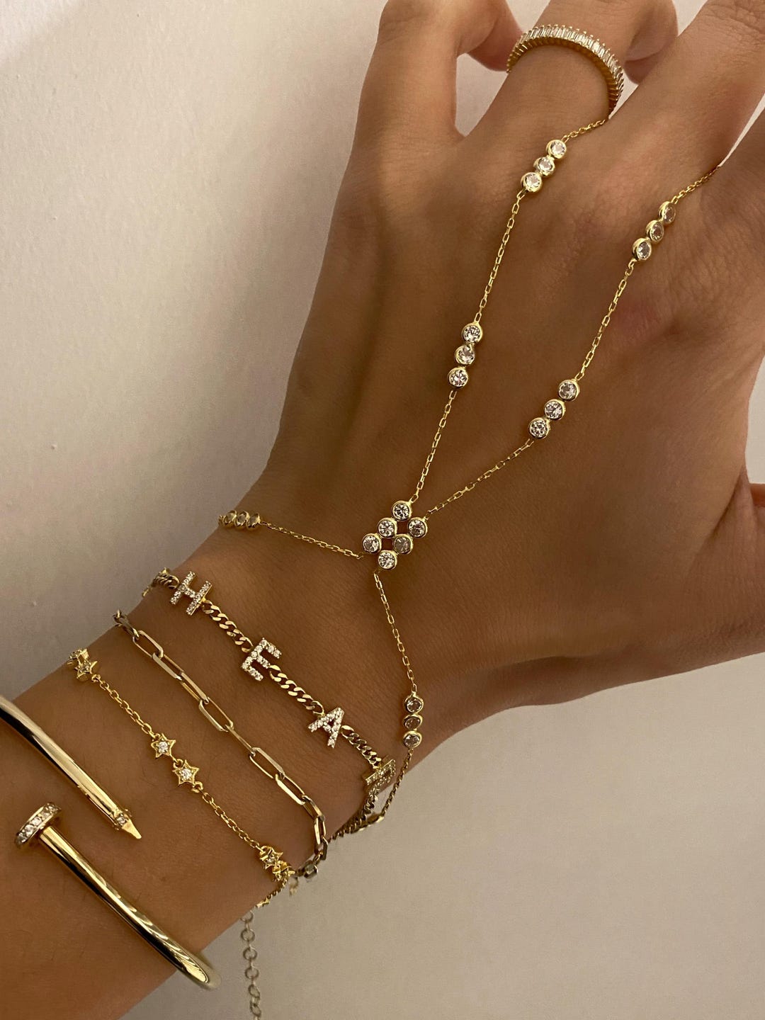 Gold Hand Chain, Bridal Hand Chain Bracelet, Silver Sahmaran, Finger ...