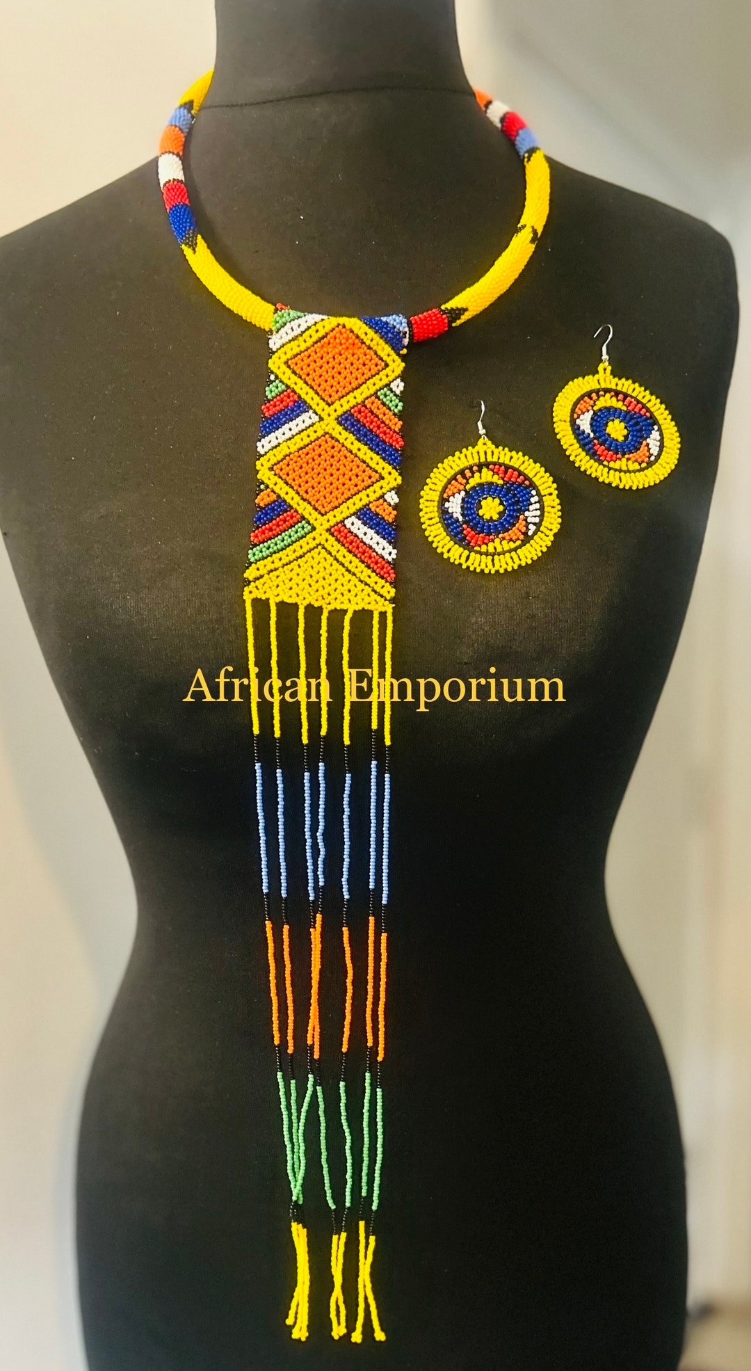 Handmade Zulu / Masai Long Beaded Necklace With Matching Earrings - Etsy