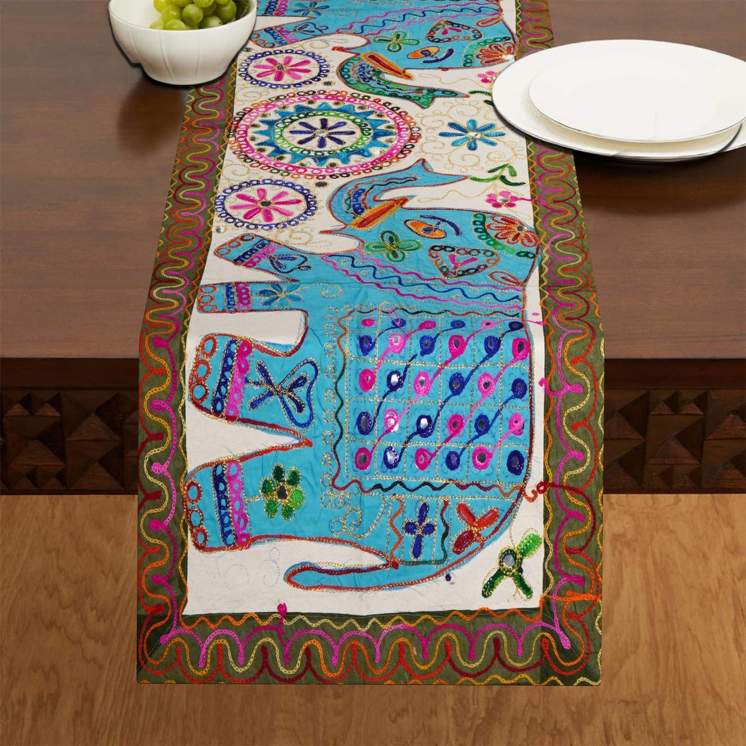 Indian Cotton Suzani Hand Embroidered Elephant Table Colth Dining Decor ...